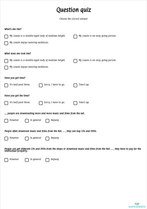 Question quiz. Interactive worksheet | TopWorksheets