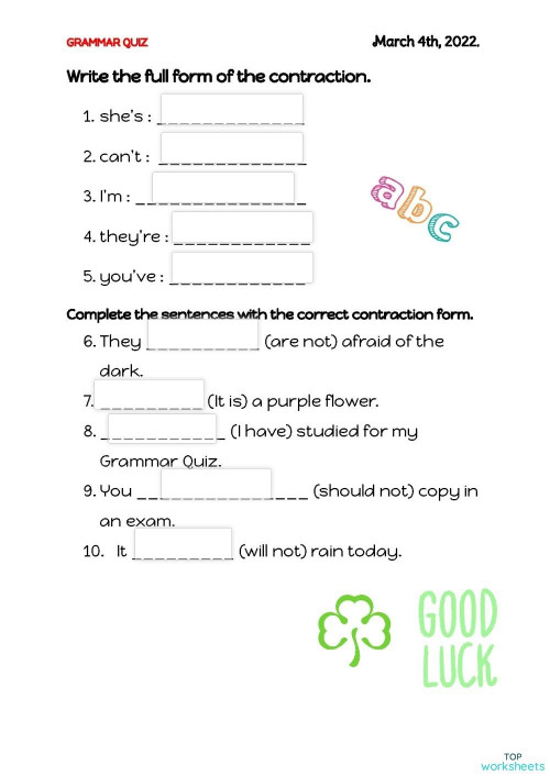 CONTRACTIONS. Interactive worksheet | TopWorksheets