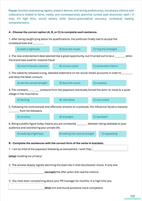 GRAMMAR - Unreal Past Structures. Interactive worksheet | TopWorksheets