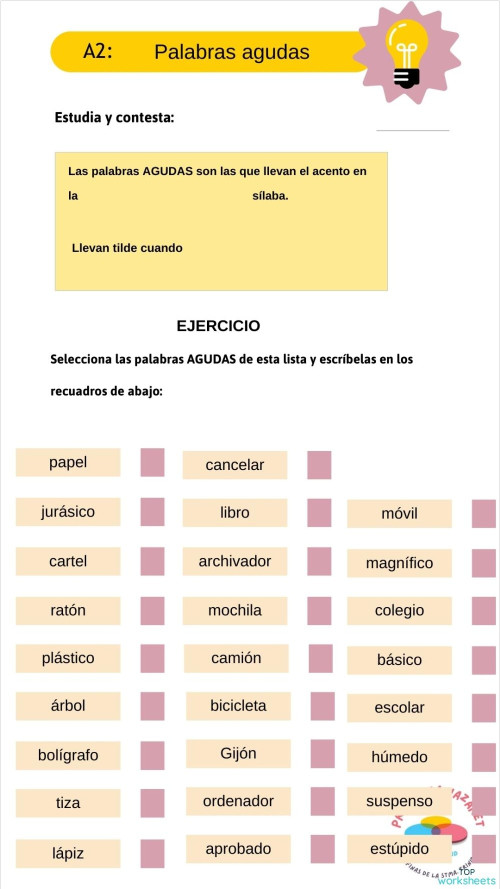 A2: CLASIFICACIÓN PALABRAS AGUDAS, LLANAS Y ESDRUJULAS. Ficha ...