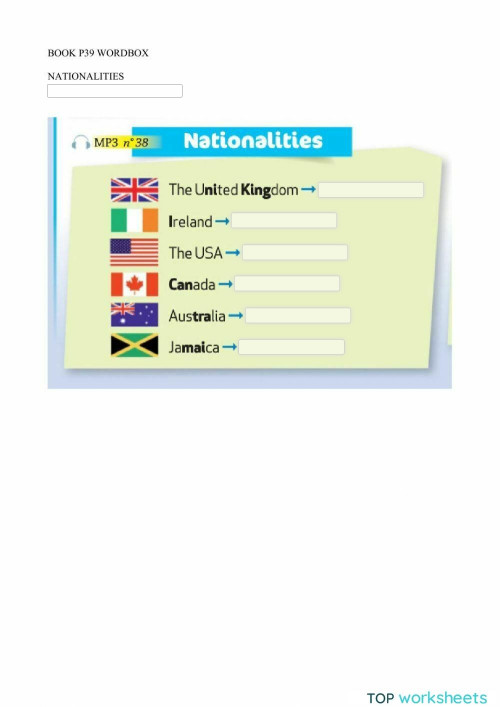 Book p39 wordbox nationalities. Interactive worksheet | TopWorksheets