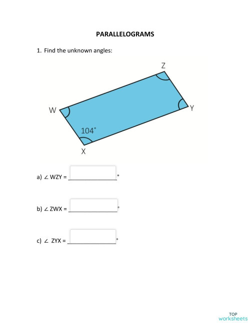 Unknown Angles in Parallelogram. Interactive worksheet | TopWorksheets