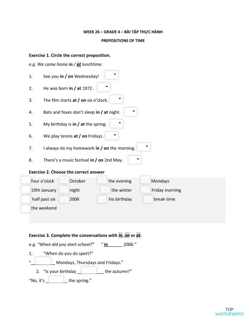 Week 26 - Practice. Interactive worksheet | TopWorksheets