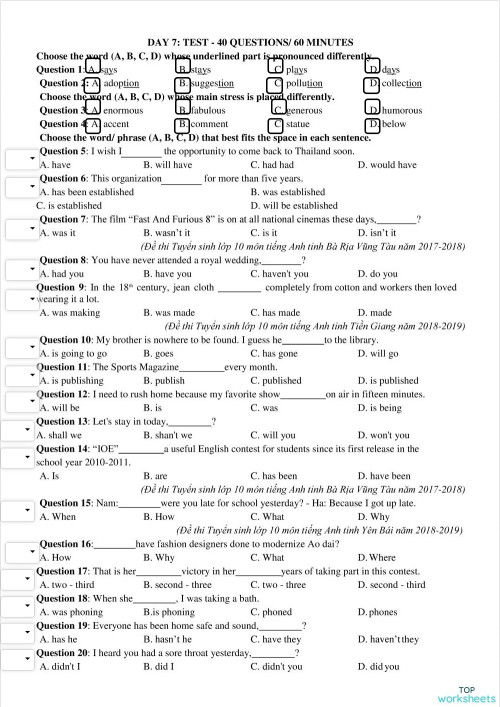 Week 6 day 7 test. Interactive worksheet | TopWorksheets