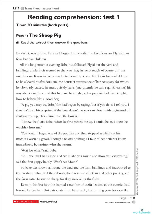 Reading Comprehension: The Sheep Pig. Interactive worksheet | TopWorksheets