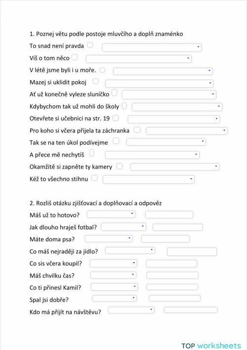 Gramatika: interaktivní pracovní listy a online cvičení | TopWorksheets