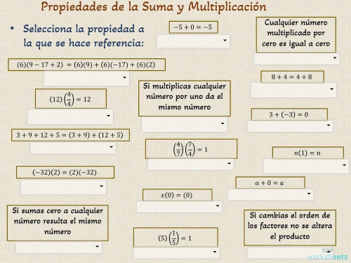 Propiedades de Suma y Multiplicación. Ficha interactiva | TopWorksheets