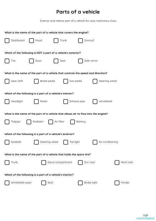 Parts of a vehicle. Interactive worksheet | TopWorksheets