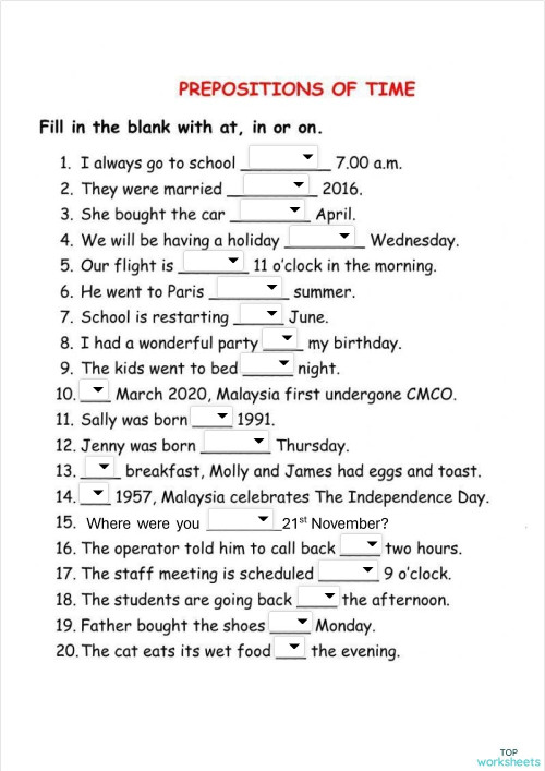prepositions of time. Interactive worksheet | TopWorksheets