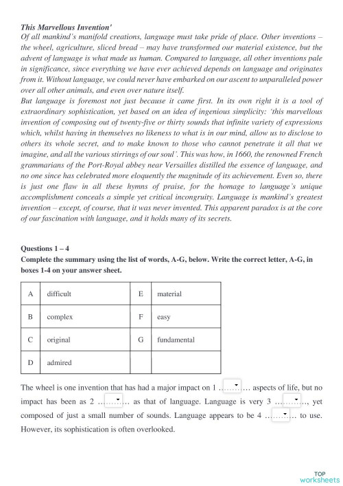 Medium: Summary Completion. Interactive worksheet | TopWorksheets