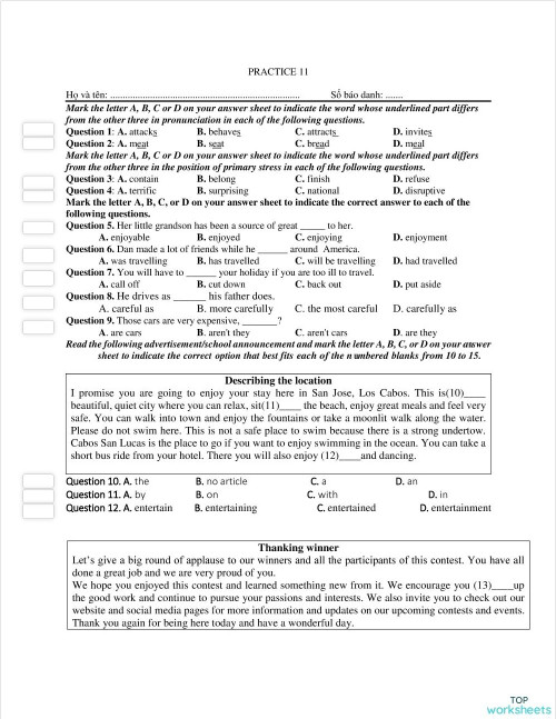 PRACTICE TEST 11 -20. Interactive worksheet | TopWorksheets