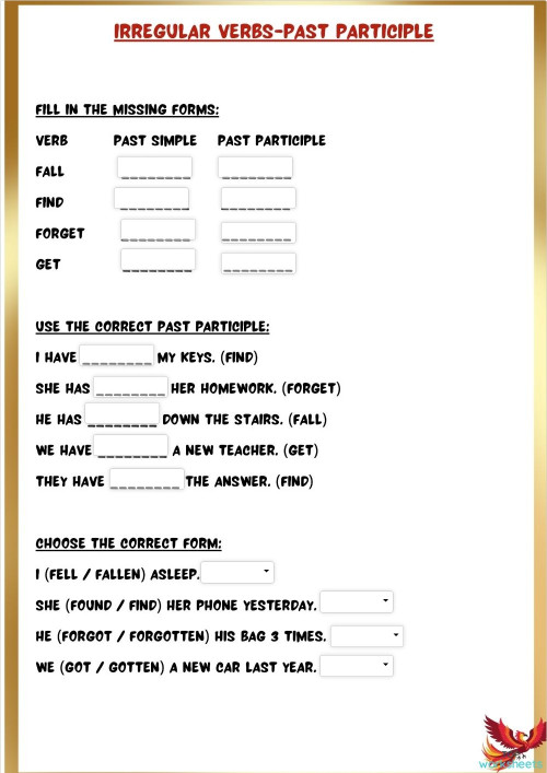 irregular past participle: find forget fall get find. Interactive ...