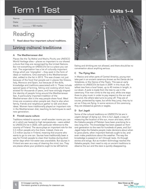Close-Up B2 TermTest1 Reading Units 1,2,3,4. Interactive worksheet ...