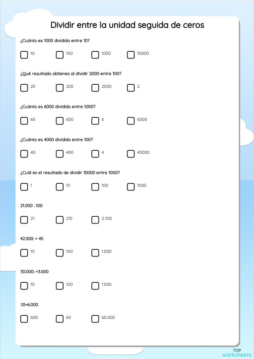 Dividir entre la unidad seguida de ceros. Ficha interactiva | TopWorksheets