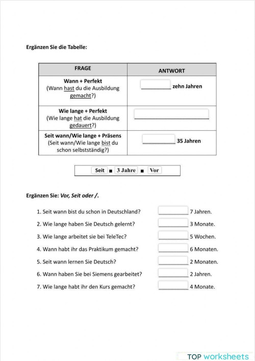 Seit und Vor. Interaktives Arbeitsblatt | TopWorksheets