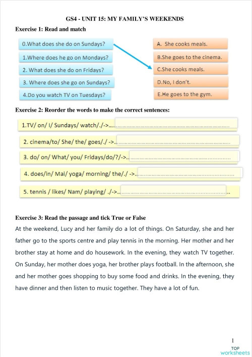 GS4. Unit 15. My family's weekends. Interactive worksheet | TopWorksheets