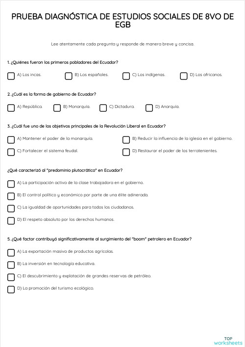 PRUEBA DIAGNÓSTICA DE ESTUDIOS SOCIALES DE 8VO DE EGB. Ficha ...