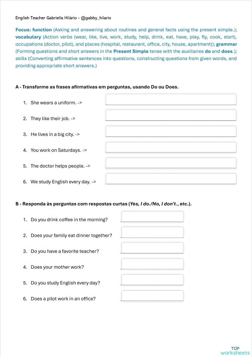 GRAMMAR - Practicing Present Simple Questions and Answers. Ficha ...