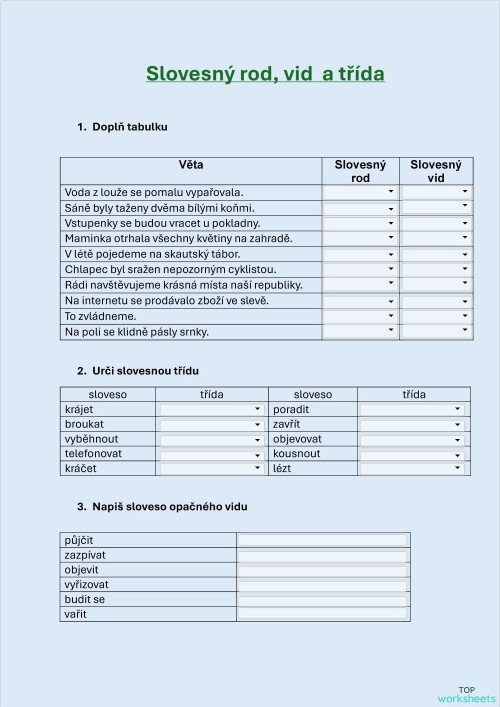 slovesný rod, vid, třída. Interaktivní pracovní list | TopWorksheets