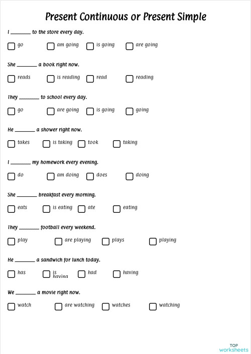 Present Continuous or Present Simple. Interactive worksheet | TopWorksheets