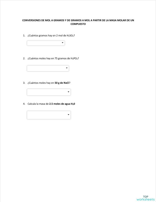 CONVERSIONES DE MOL A GRAMOS Y DE GRAMOS A MOL. Ficha interactiva ...