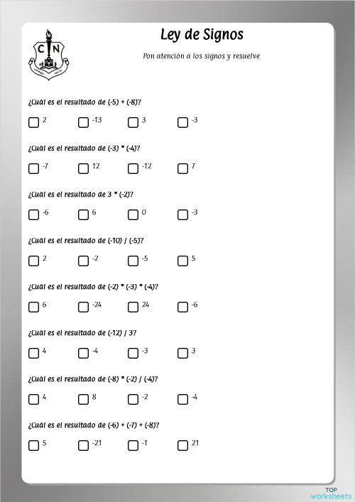 Ley de Signos. Ficha interactiva | TopWorksheets