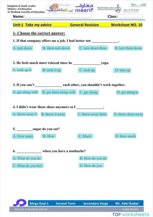 Mega Goal 1 Second Term Unit 2 Take My advice: Revision2. Interactive ...