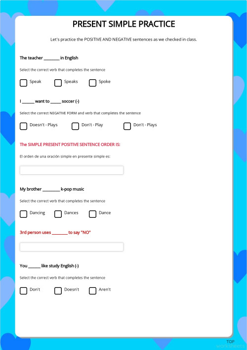 PRESENT SIMPLE PRACTICE. Ficha interactiva | TopWorksheets