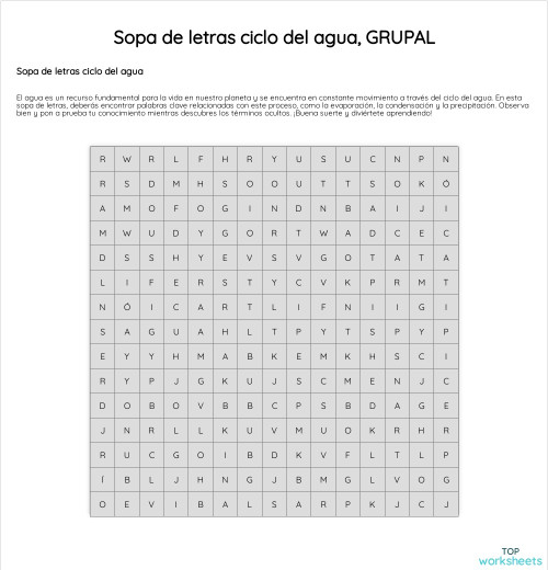 Sopa de letras ciclo del agua, GRUPAL. Ficha interactiva | TopWorksheets