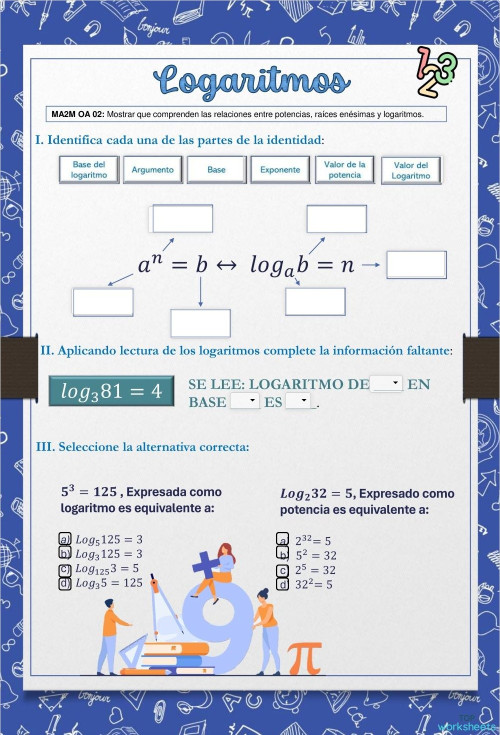 Logaritmos: fichas interactivas y ejercicios online | TopWorksheets