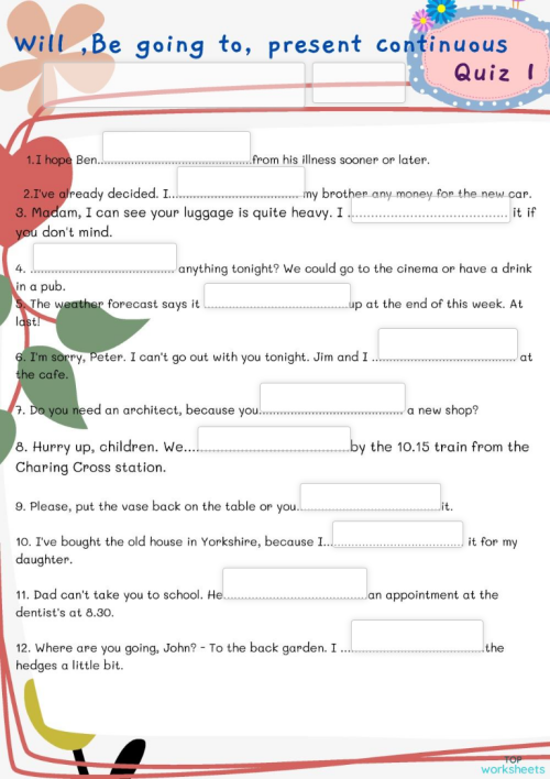 Will Be going to Present Continuous Quiz 1 ใบงานเชิงโต้ตอบ | TopWorksheets