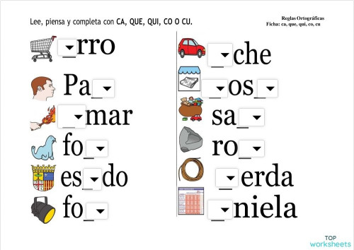 Ficha ca, co, cu, que, qui. Ficha interactiva | TopWorksheets