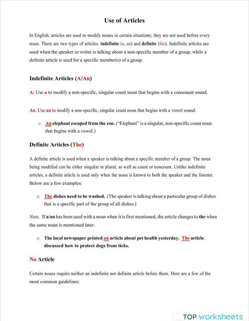 Articles. Interactive worksheet | TopWorksheets