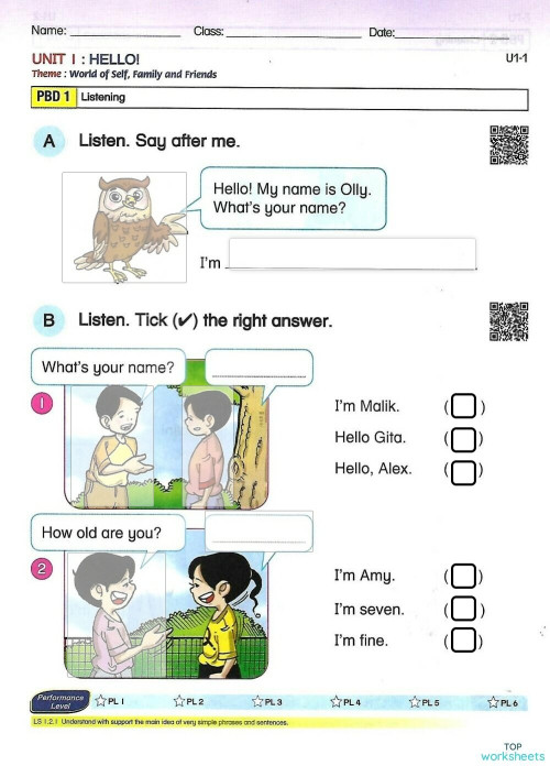 Yr 1 : Unit 1 - Hello. Interactive worksheet | TopWorksheets