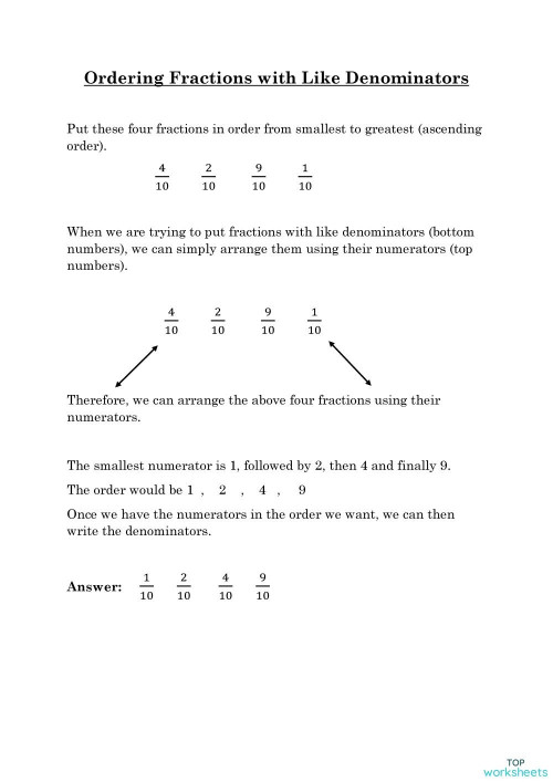 Ordering Fractions With Like Denominators. Interactive worksheet ...