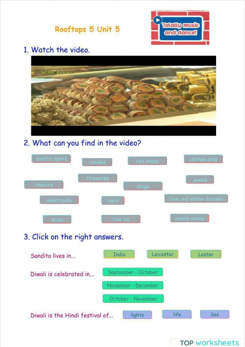 Totally music and dancing (Rooftops 5 unit 5). Interactive worksheet | TopWorksheets