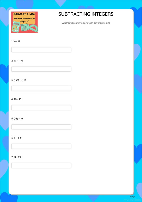 SUBTRACTING INTEGERS. Interactive worksheet | TopWorksheets