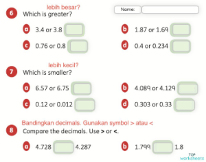 Year 4 Comparing Decimals. Interactive worksheet | TopWorksheets