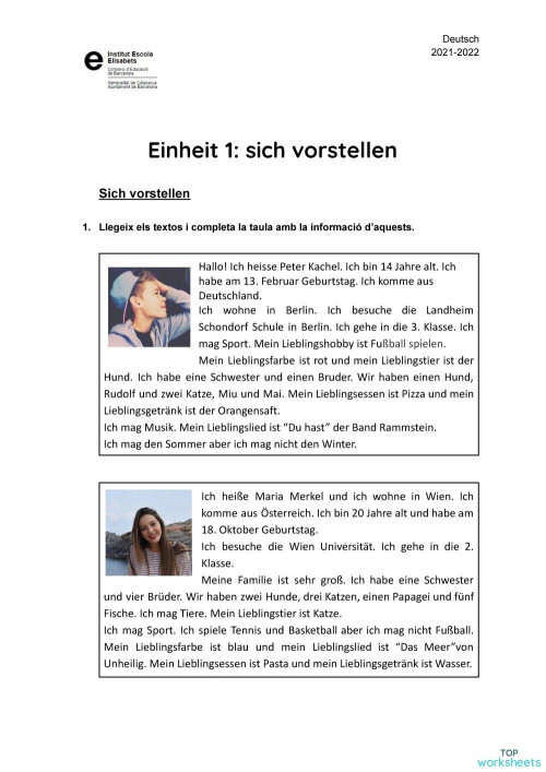 Einheit 1: sich vorstellen. Interaktives Arbeitsblatt | TopWorksheets