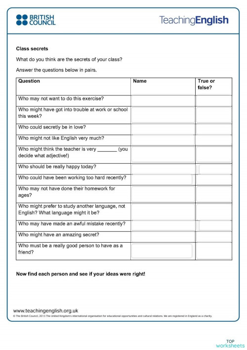 Class secrets. Interactive worksheet | TopWorksheets