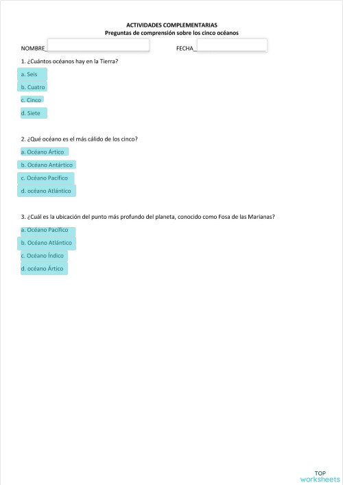 LOS OCÉANOS. Ficha interactiva | TopWorksheets