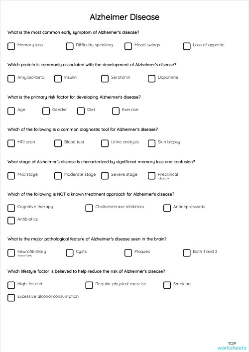 Alzheimer Disease. Interactive worksheet | TopWorksheets