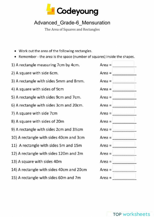 The Area of Squares and Rectangles Advanced. Interactive worksheet ...