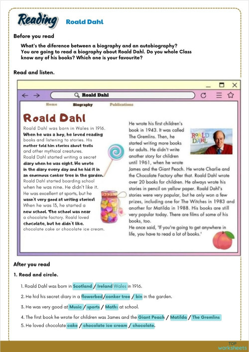 VI.5 Reading Roald Dahl(3rd). Interactive worksheet | TopWorksheets