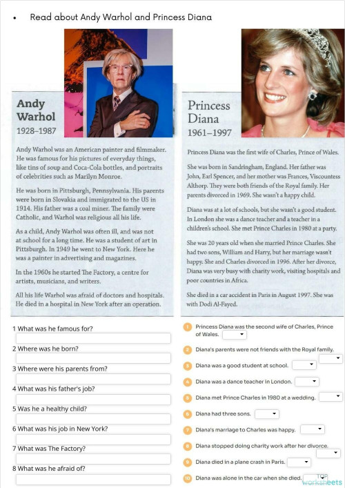 Reading: Andy Warhol and Princess Diana. Interactive worksheet ...