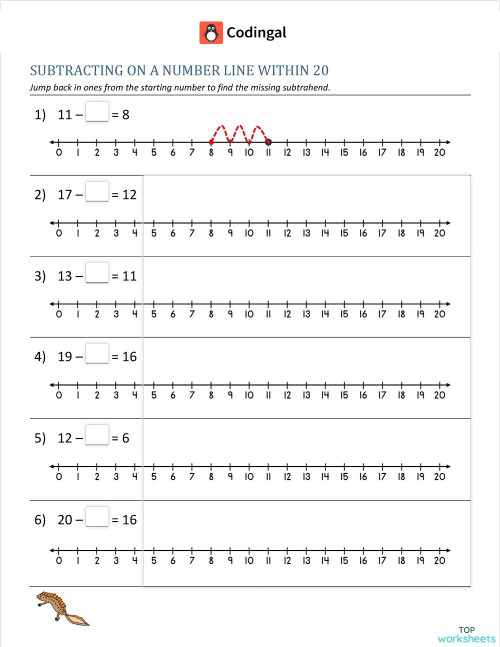 M_G02M06L27_WC02_Subtraction using number lines below 20. Interactive worksheet | TopWorksheets