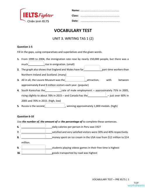 VOCAB TEST 18. UNIT 3. WRITING. WRITING TASK 1 (2). Interactive ...