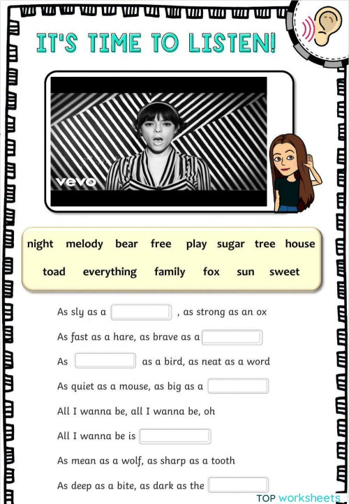 Listen to the song. Interactive worksheet | TopWorksheets