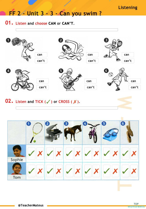 FF 2 - Unit 14 - 3 - Can you swim ? - Listening. Interactive worksheet ...
