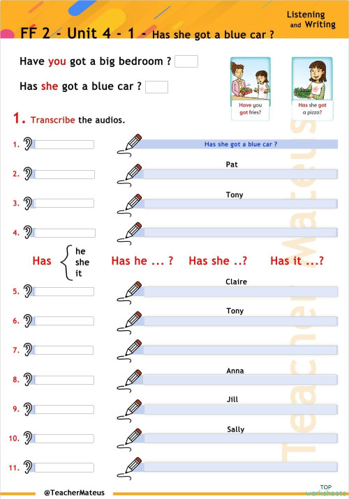 FF 2 - Unit 04 - 1 - Has she got a blue car ? - Listening and Writing ...